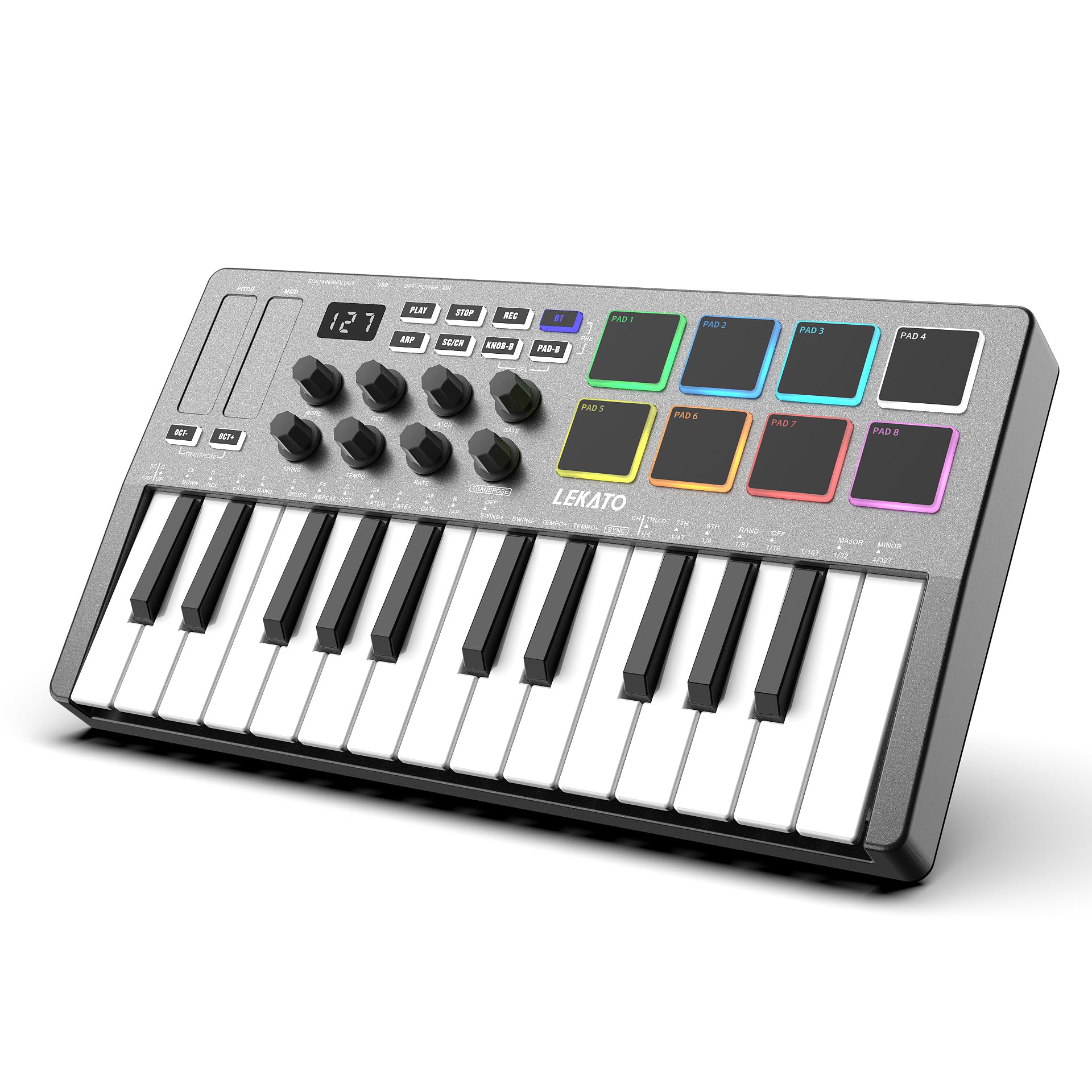 LEKATO 25 Key USB MIDI Keyboard Controller With 8 Backlit Drum Pads, Bluetooth Semi Weighted Dynamic Keybed 8 Knobs and Music Production, Smart Scales, Chords, Software Included