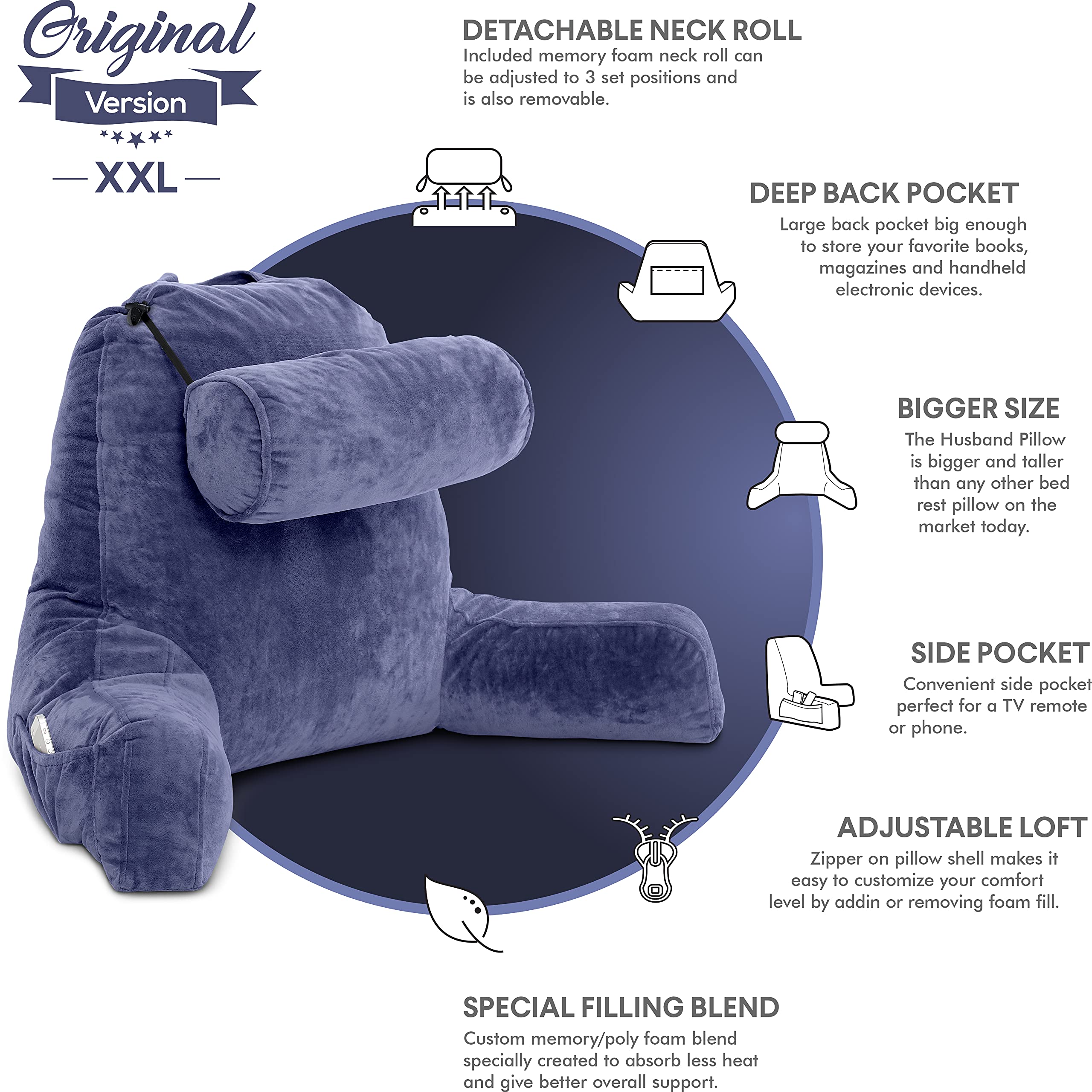Husband Pillow Combo - Backrest Pillow with Arms : XXL Dark Blue & Lap Desk Bed Tray : Grey - Memory Foam Reading Pillows for Bed w/Removable Neck Roll & Laptop Bed Tray Table