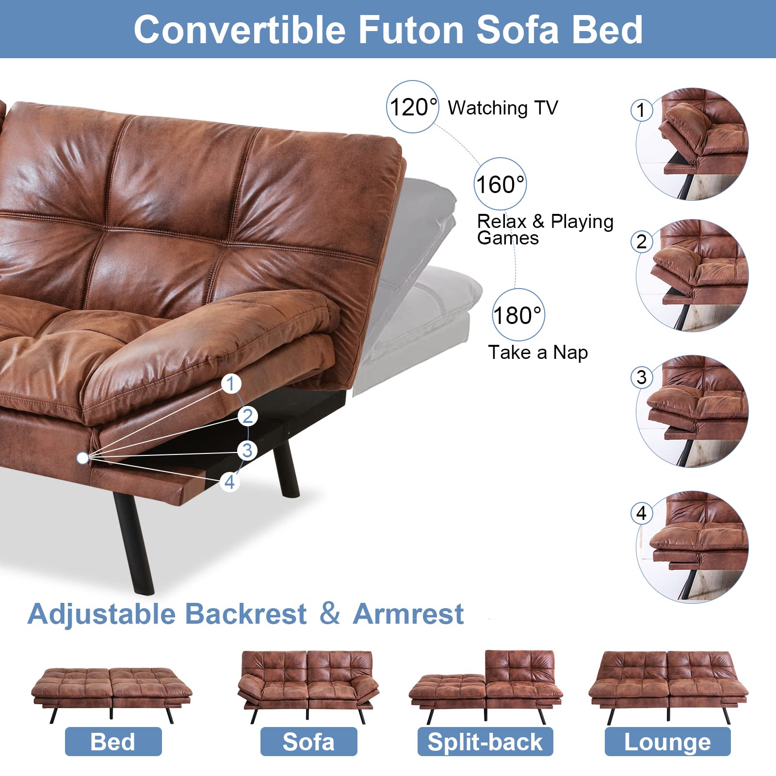 MUUEGM Futon Sofa Bed Convertible Memory Foam Sleeper Couch,Modern Faux Leather Loveseat for Living Room,Small Compact Space,Dorm,Office,Adjustable Armrests Backrest Sofabed, Brown