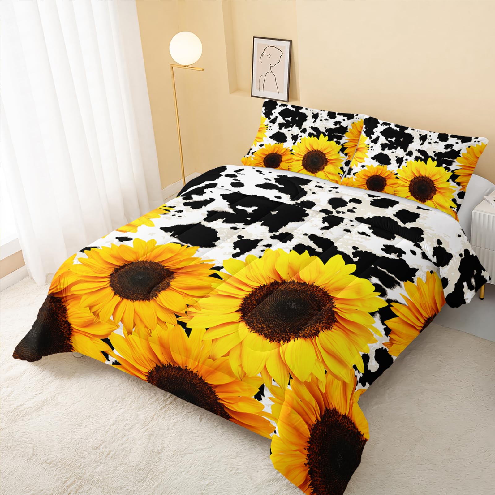 QOOMO Sunflower Comforter Set,Animal Print for Boys Girls Kids Teen Room Decor,Cow Print Bedding Sets, Wildlife 3Pcs Kids Bedding Set Full Size 1 Comforter & 2 Pillowcases