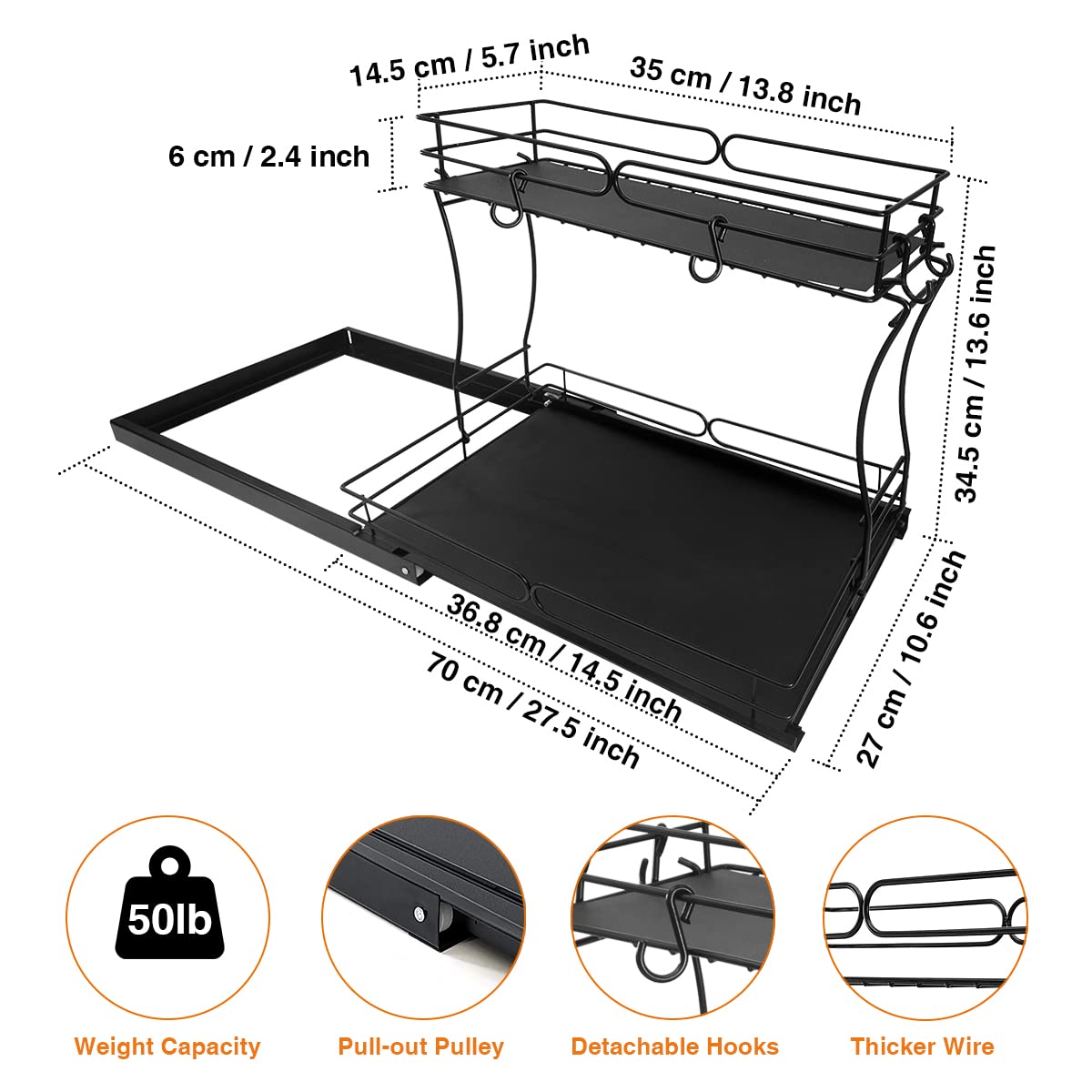JorJorLer Pull Out Cabinet Organizer Under Sink Organizers and Storage Kitchen Cabinet Storage Shelf with 2 Tier Sliding Wire Drawer for Inside Kitchen Cabinet or Under Sink