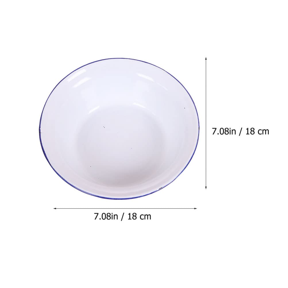 Ipetboom Enamel Plates 2pcs Enamelware Dinner Serving Platter Trays Retro White Round Shallow Bowls Vintage Enamel Basin Mixing Bowls with Blue Rim 18CM
