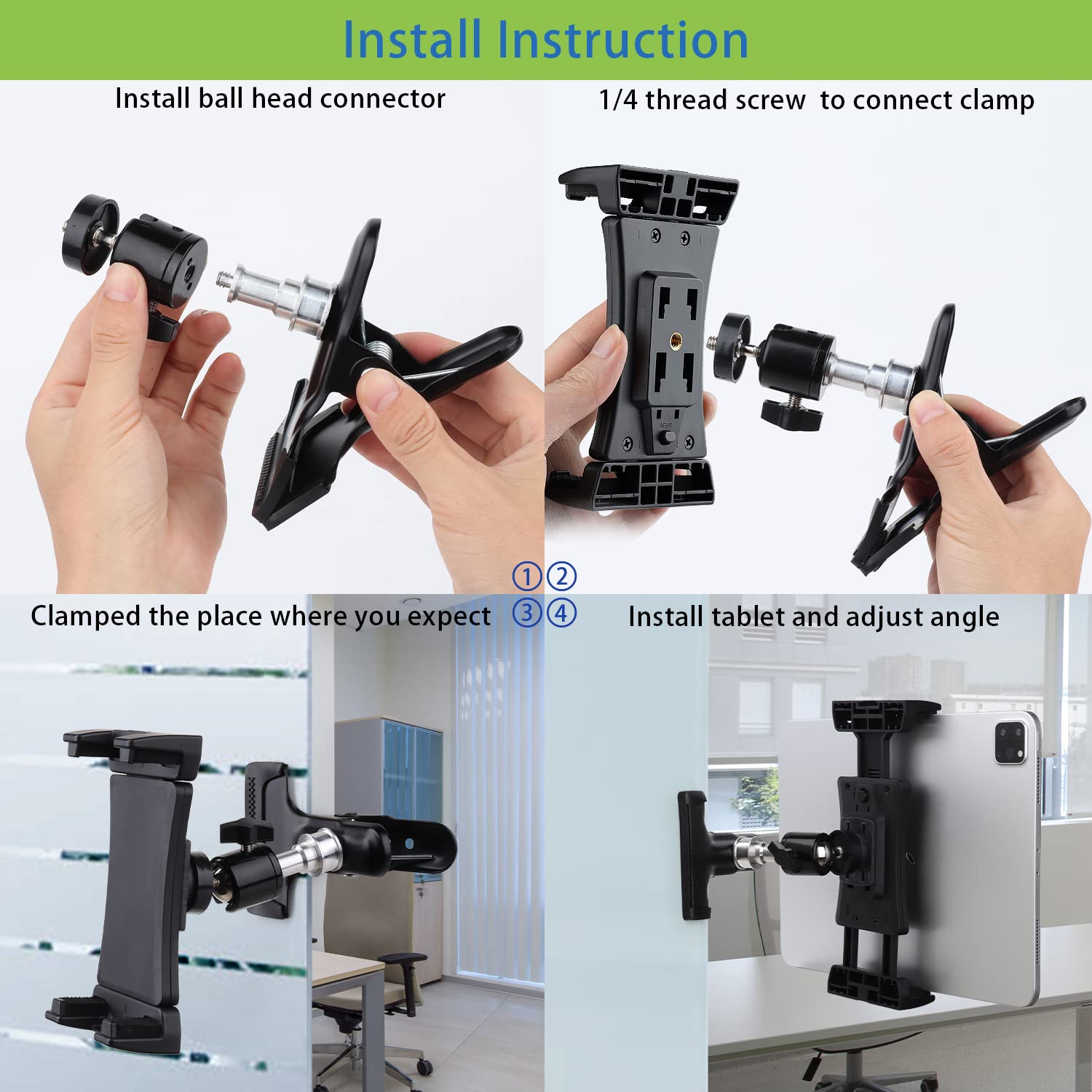 Mippko Clip Clamp Tablet Holder for Desk/Table/Glass Door/Desktop Baffle/Easel, Compatible with 7~11 inch iPad/Nexus/LG G Pads, 360°Adjustment Metal Clamp Mount