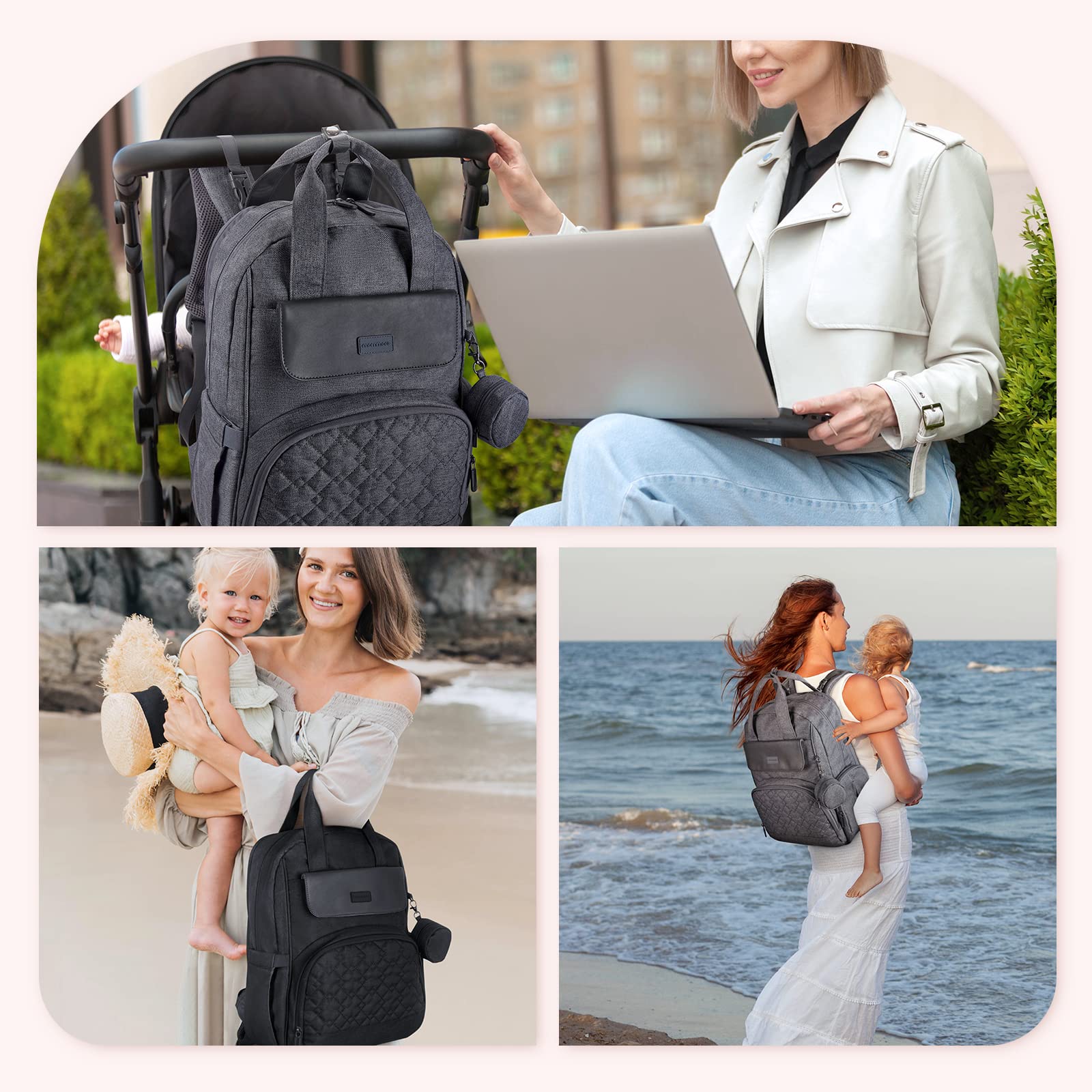 mommore Diaper Bag Backpack Large Travel Diaper Bags with Portable Changing Pad, Pacifier Case and Stroller Straps, Black