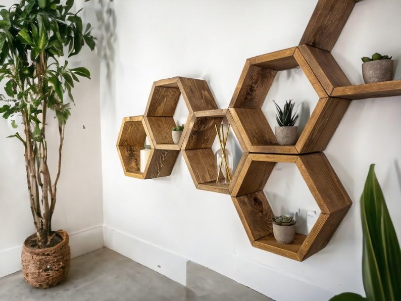 MUOSI Hexagon Shelves, Plant Shelves, Wide Hexagons Shelves, Honeycomb Shelves, Wall Decor ( Provincial I*Set of 6 Hexagons )