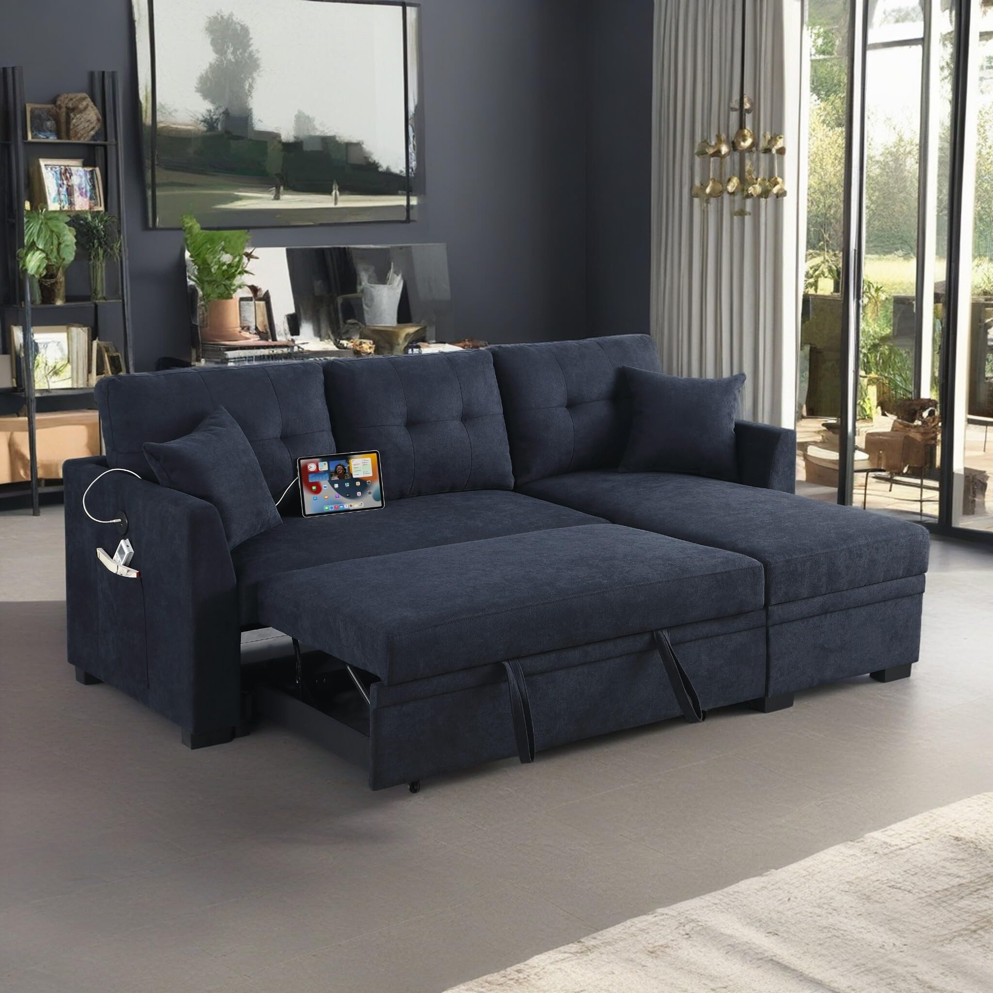 MODCART 81.5" L-Shape Convertible Sectional Sleeper Sofa with Storage Chaise & Pull-Out Bed,Linen Upholstered Corner Couch w/USB Charger Ports and Pocket for Living Room Apartment