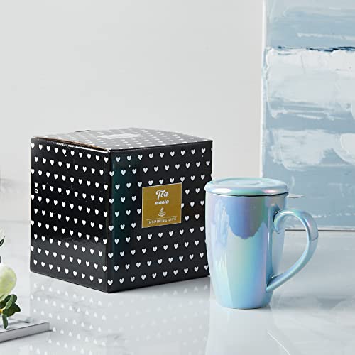 Jemirry Tea Cup with Infuser and Lid, Ceramic Cup with Lid, Tea Cup Tea Mug for Tea Lover, Porcelain Tea Strainer Cup, Tea Infuser Cup with Infuser Basket and Lid - Blue