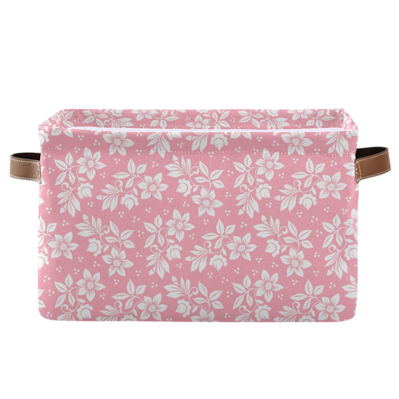 NFMILI Floral Pink and White Storage Basket, Fabric Storage Cubes Bins, Open Home Storage Bins with Handles, Foldable Cubes Closet Organizer Boxes 14.2 x 10.2 x 8.3 in (Large - 2 Pack)