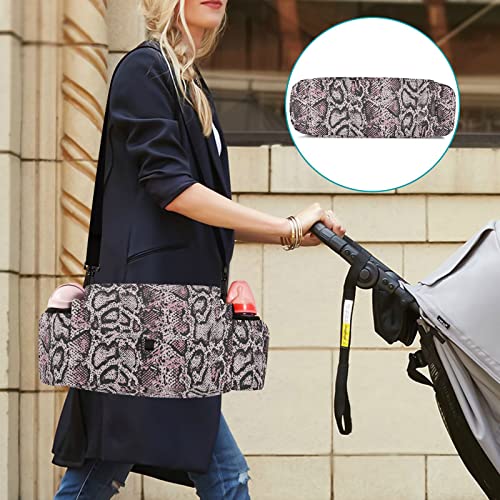 Kigai Pink Snake Print Baby Stroller Organizer with Cup Holders, Secure Hooks Accessories Adjustable Strap Stroller Bag for Bottle, Diaper, Phone, Toys, Baby Items