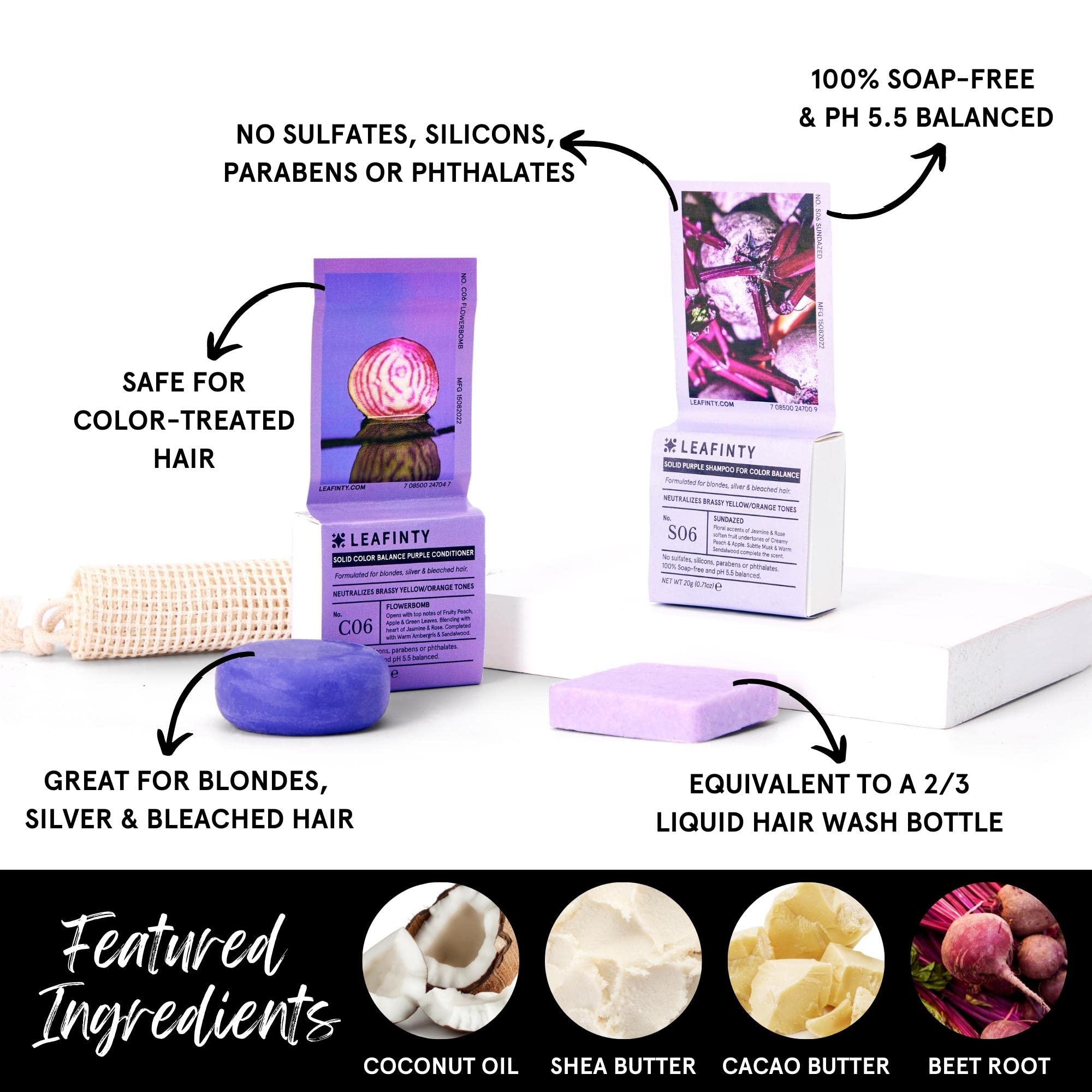Leafinty S06+C06 Solid Shampoo & Conditioner Set for Blondes Silver and Bleached Hair, All Natural Zero Waste and Organic Shampoo Bars for Hair, 2 Mini Travel Size Bars