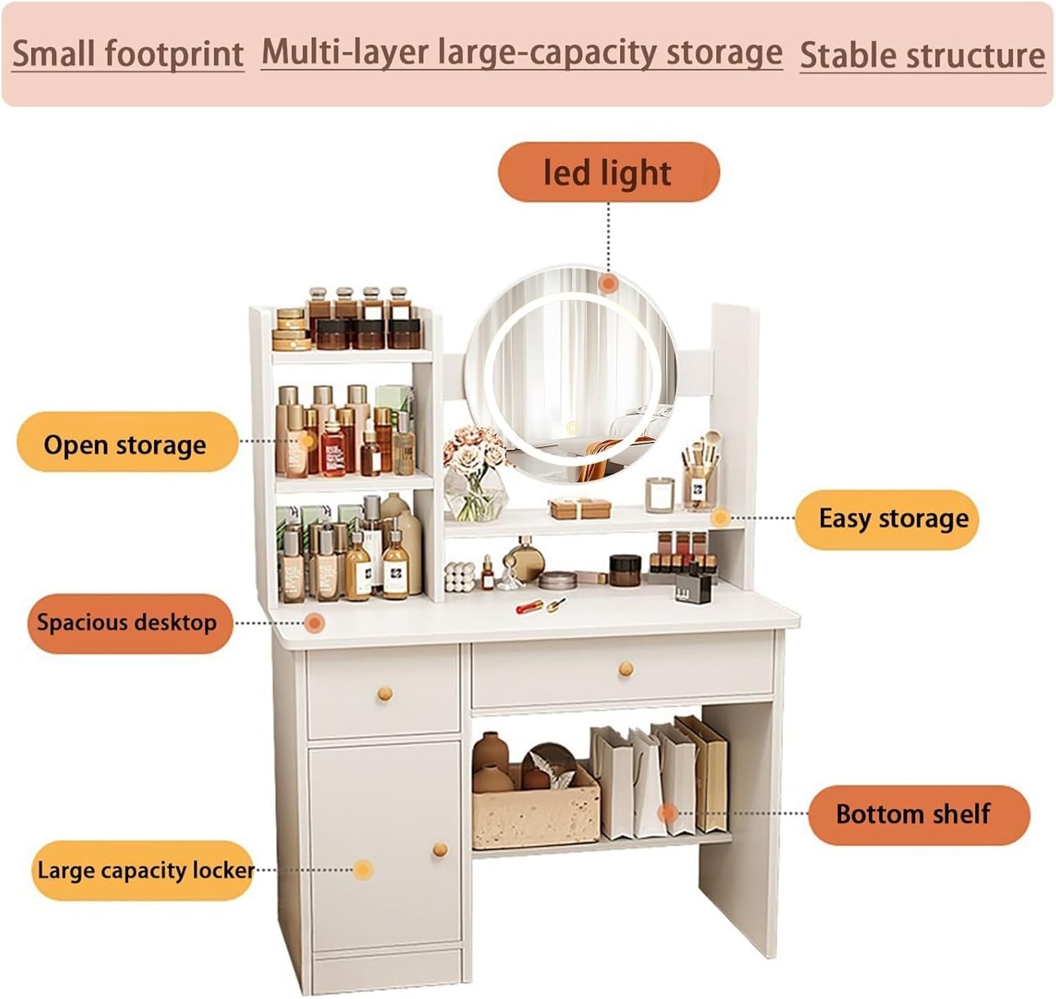 MONGMON Dressing Table,Makeup Table with Drawers, Vanity Desk with Mirror and led Lights,3 Lighting Mode,Makeup Vanity Desk,Multifunctional Makeup Writing Desk for Bedroom (White)
