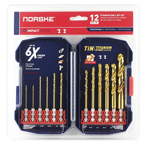 Norske Tools NIDBP280 12pc Impact Titanium Hex Shank Drill Bit for Metal, wood and Plastic (2PC of 1/16"and 3/32", 1 PC of 1/8", 5/32", 3/16", 7/32", 1/4", 5/16", 3/8"and 1/2")