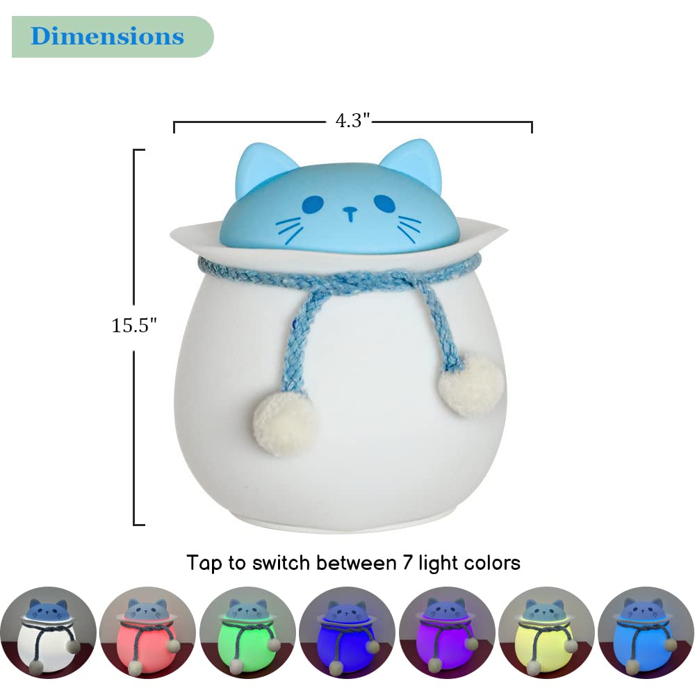 Meefad Cute Cat Night Light, Kids Table lamp with 7 Colors Changing, Soft Silicone Bedside Lamp, USB Rechargeable Accent Lamp