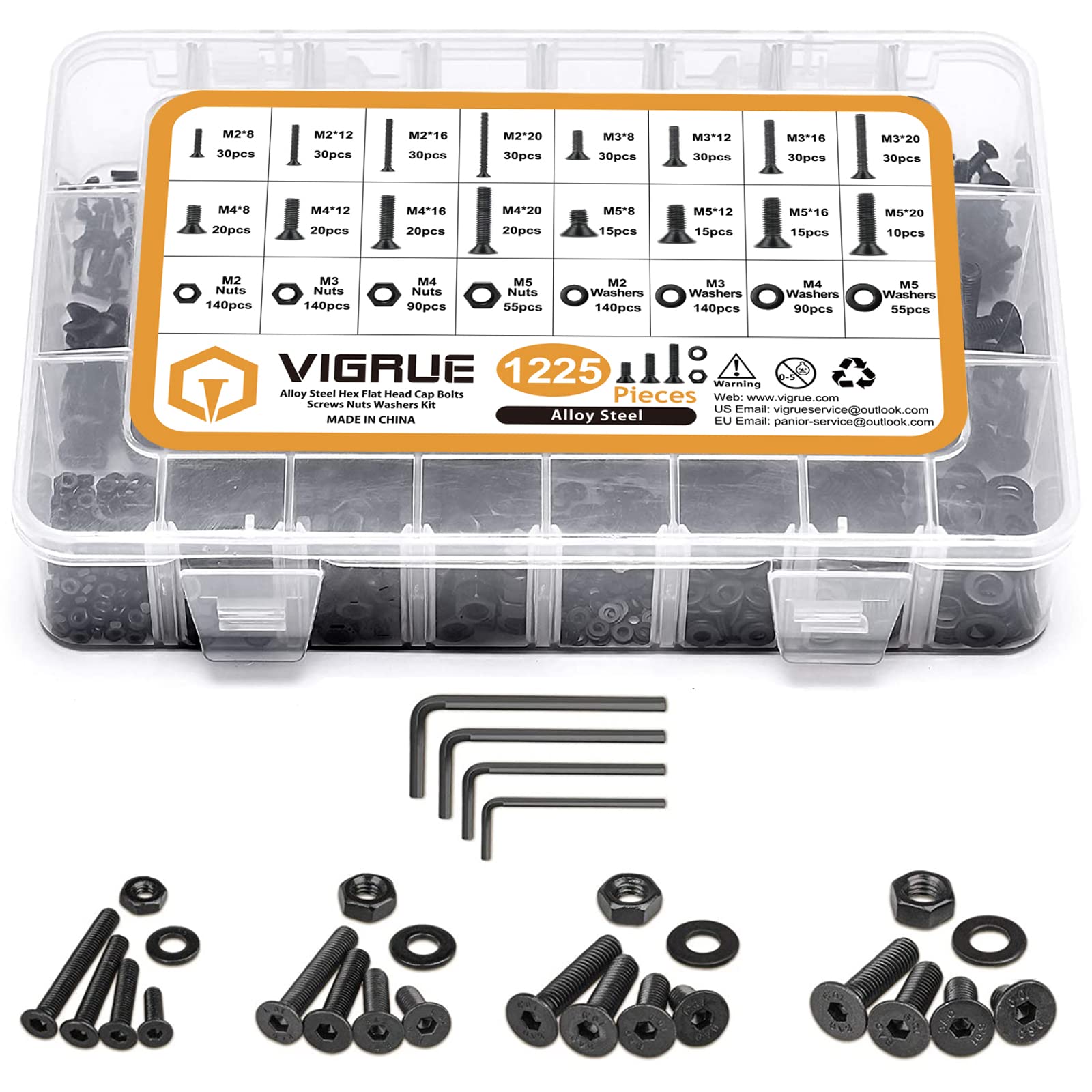 M6-1.0 M8-1.25 Flat Countersunk Hex Head Socket Cap Screws, 10.9 Grade Alloy Steel, VIGRUE 205PCS Metric Internal Hex Screws Bolts Nuts Washers Assortment Kit, Full Coarse Thread UNC