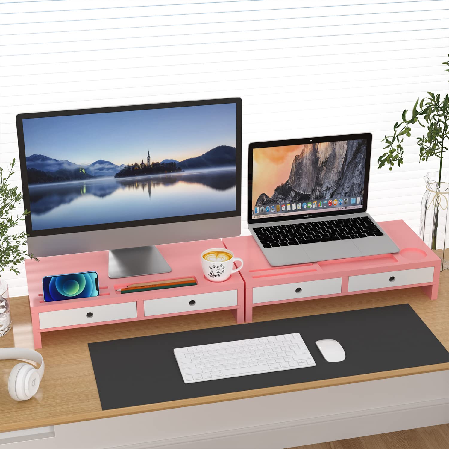 Monitor Stand Riser with Drawers, Desktop Stand Shelf Lift with Phone/Cup Holder for Computer TV Laptop Printer Screen, Bamboo Desk Organizers and Accessories, Home Office Supplies, Pink & White