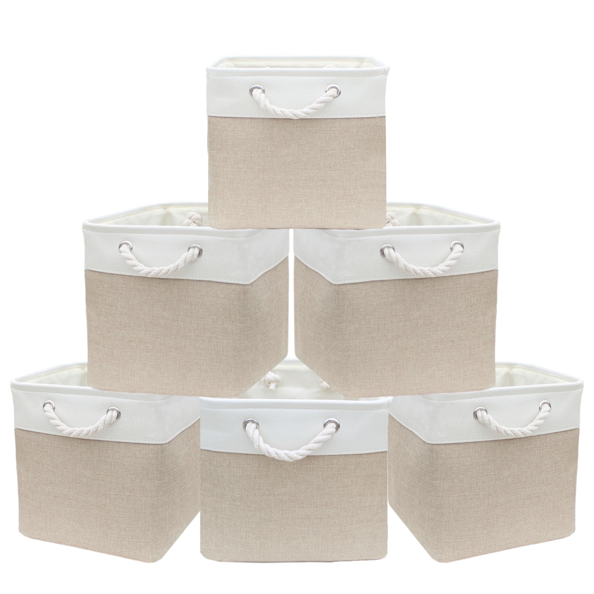 MANCHUANG 6 Pack Cube Storage Bins, 11 x 11 Inch Stitching Color Collapsible Fabric Storage Basket with Ropes, Foldable Storage Cubes for Home, Office,Closet, Clothes (White & Beige)