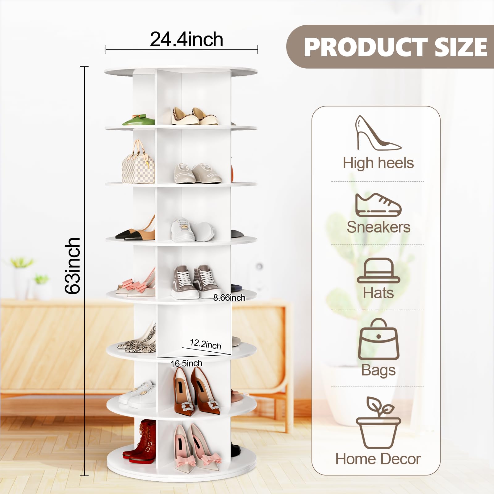 Slumber Castle Rotating Shoe Rack Tower, 7 Tier Revolving Shoe Rack, 360° Spinning Shoe Rack for Closet, Vertical Shoe Tower Organizer, Easy to Assemble Closet Organizers and Storage for Handbag,Shoe