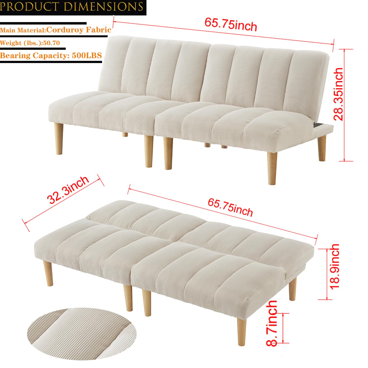 Modern Corduroy Convertible Folding Futon Couch Sofa Bed,with Adjustable Backrest Memory Foam Couch Double Loveseat Sofa for Compact Living Space,Dorm,Game Studio,Apartment,Bedroom (White)
