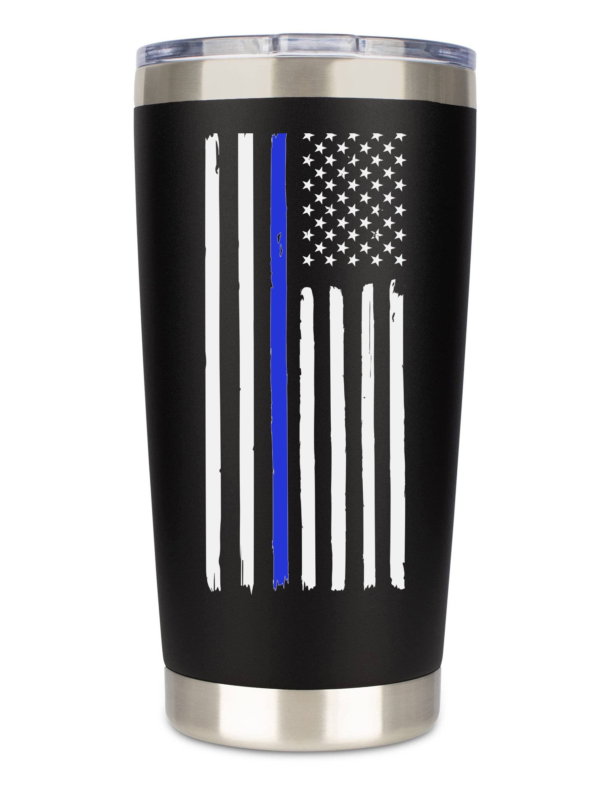 JENVIO Thin Blue Line Police Tumbler | Stainless Steel Travel Mug Including 2 Lids 2 Straws Gift Box for Coffee Cup | Correctional for Him | Cops Officer Valentine's Day Gift