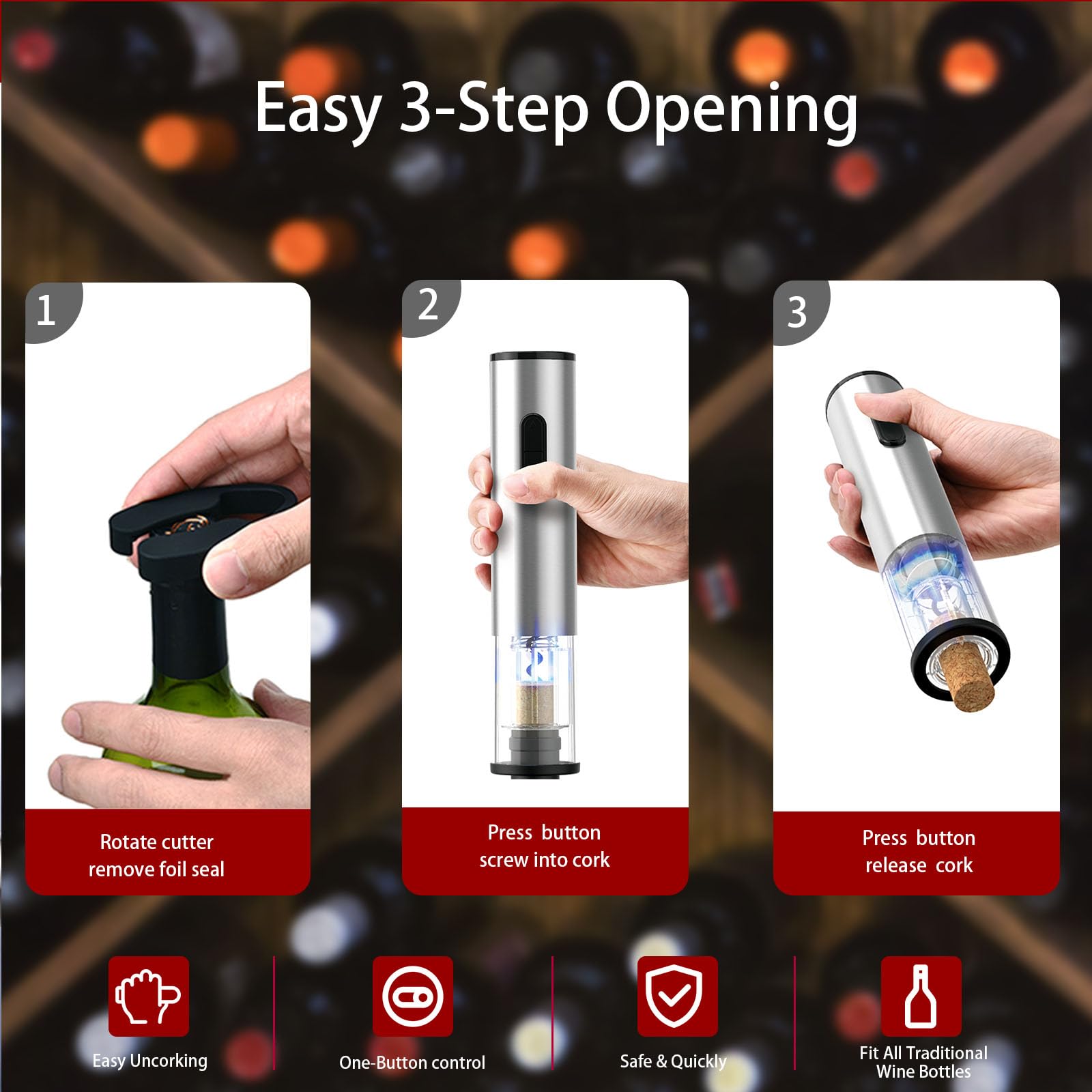 Oaklete 6-in-1 Electric Wine Opener Set Rechargeable Electric Wine Bottle Opener can Open 80 Bottles Once Charging and 3+ Months Lasting, Gift for Wine Lovers（Stainless Steel ）