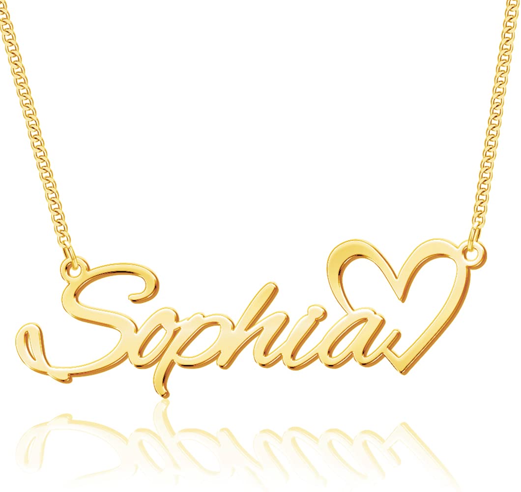 Laffyett Name Necklace Personalized with Heart Stainless Steel Custom Name Necklace Gifts for Women