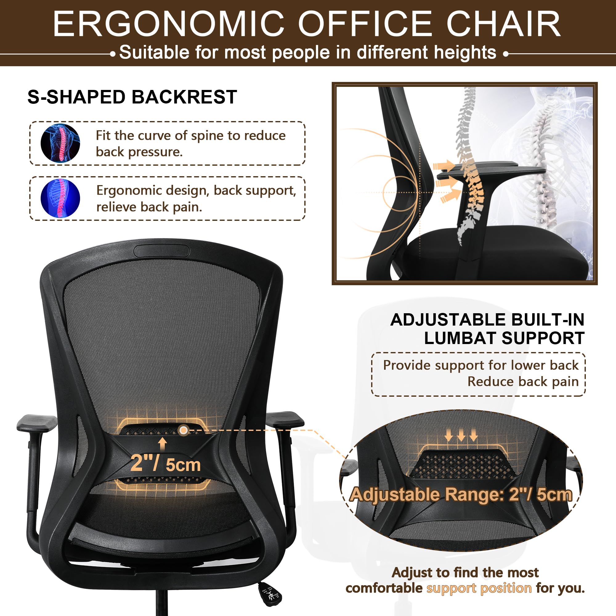 Modern Ergonomic Swivel Computer Office Desk Chair with Adjustable Height Lumbar Support for Home Study
