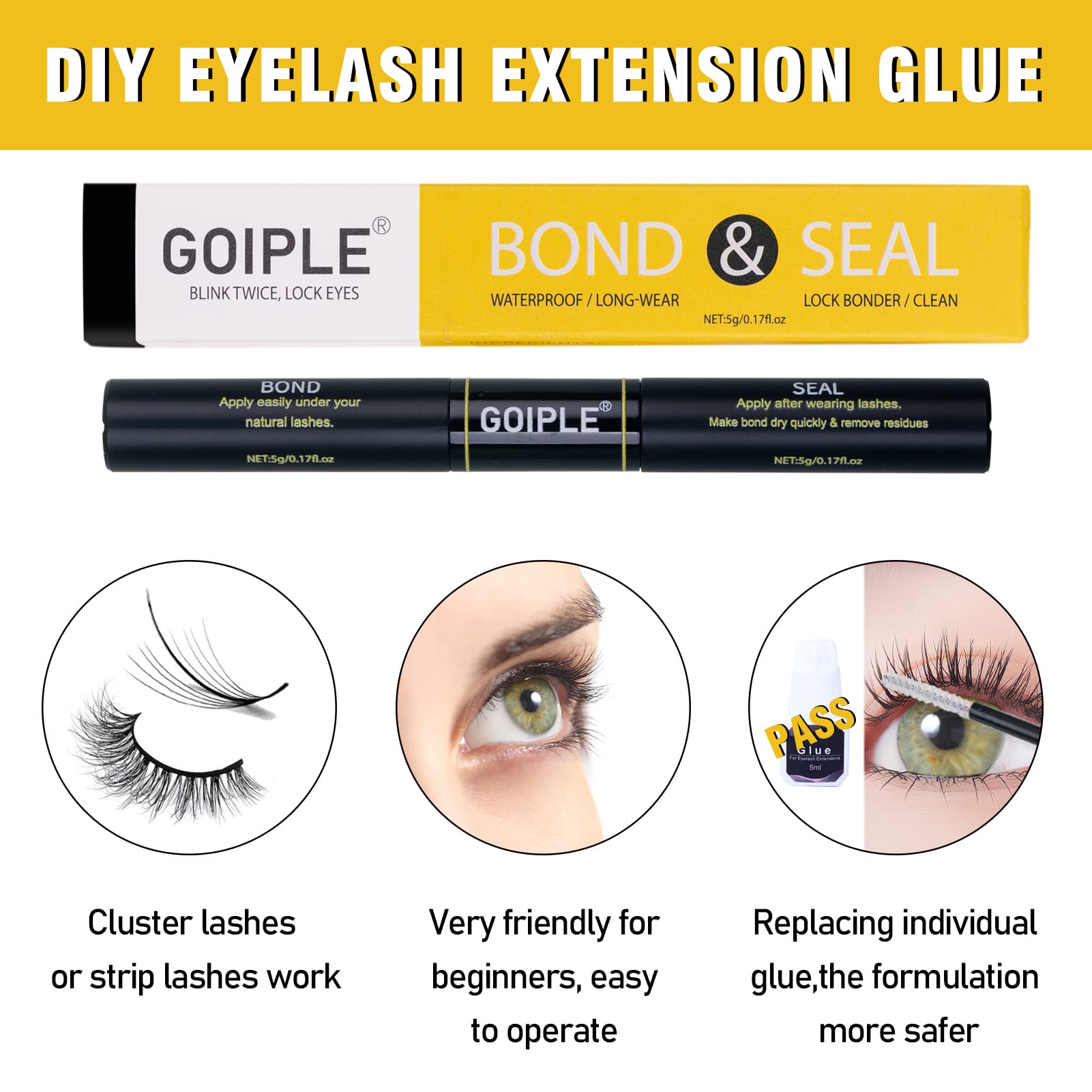 Lash Bond and Seal Cluster Lashes Glue, Falselash Glue Super Strong Hold Clear Glue Professional Latex Free Eyelash Glue Waterproof Lash Glue, Lashes DIY Eyelash Extensions False Eyelash Glue