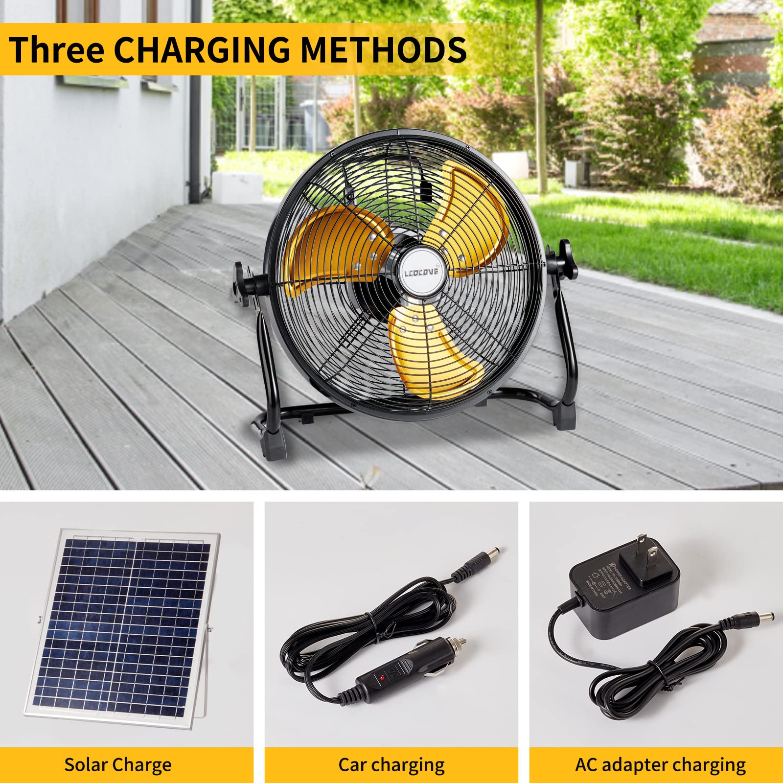 lcocove Battery Operated Solar Fan, Home or Outdoor Portable Fan, Battery Can Running 5-24 Hours, Design For Camping,Hurricane Fan,with USB Output For Emergency Situation Without Electric(black)