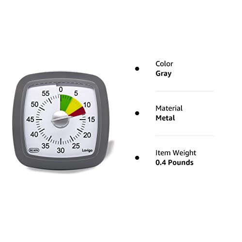 Lavigo 60 Minute Countdown Visual Timer for Adults Kitchen Cooking Kids Study Reading Classroom Teaching and Office, Three Colors Scale Designed, Quietly Count Time Management Tool(Gray)