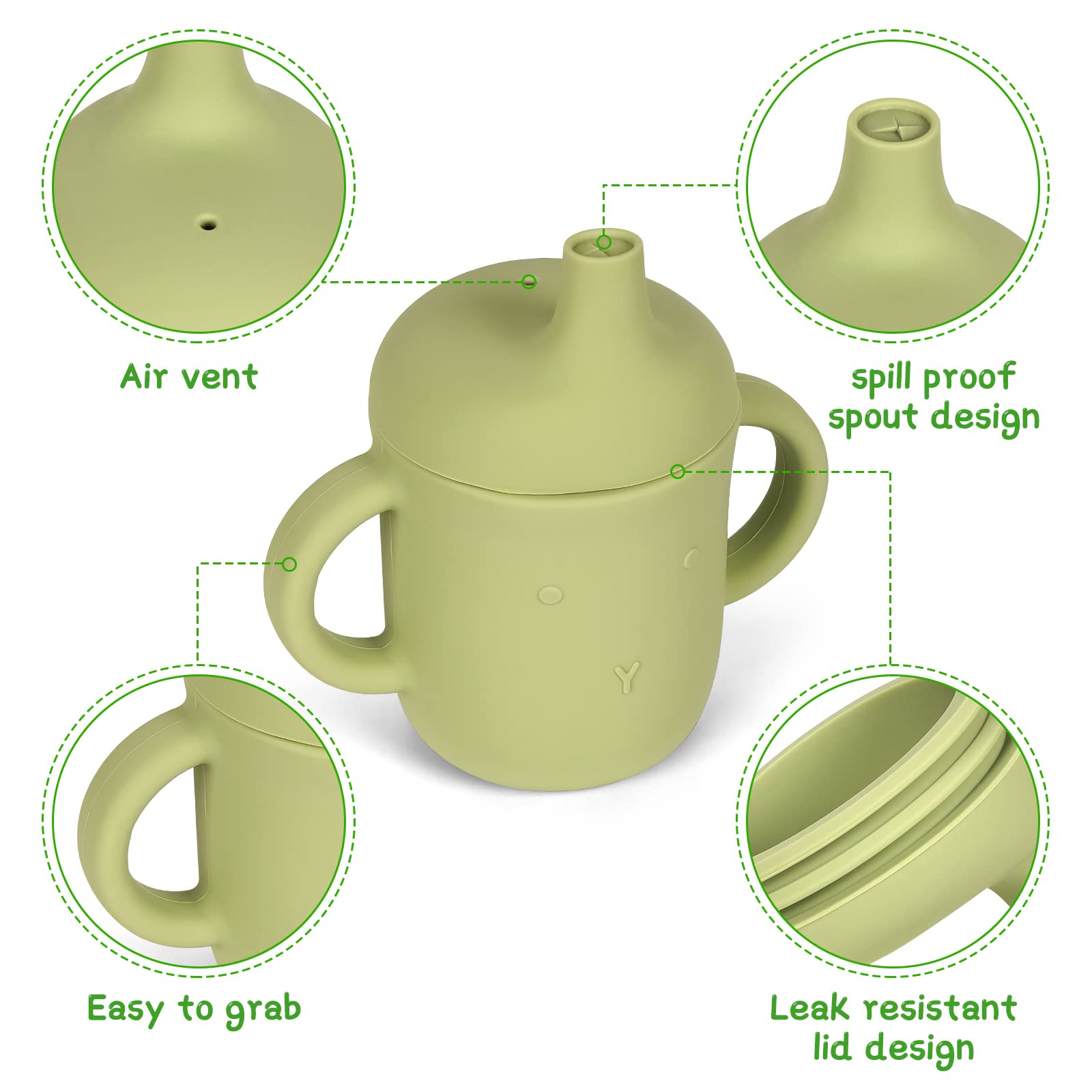 Leeleelon Silicone Sippy Cups For Babies |Training Cup for Babies |Two Handle Learner Cup for Toddlers| 6 months+| 2 Pack, 5oz,Cute Face(Green Bean & Light Grey)