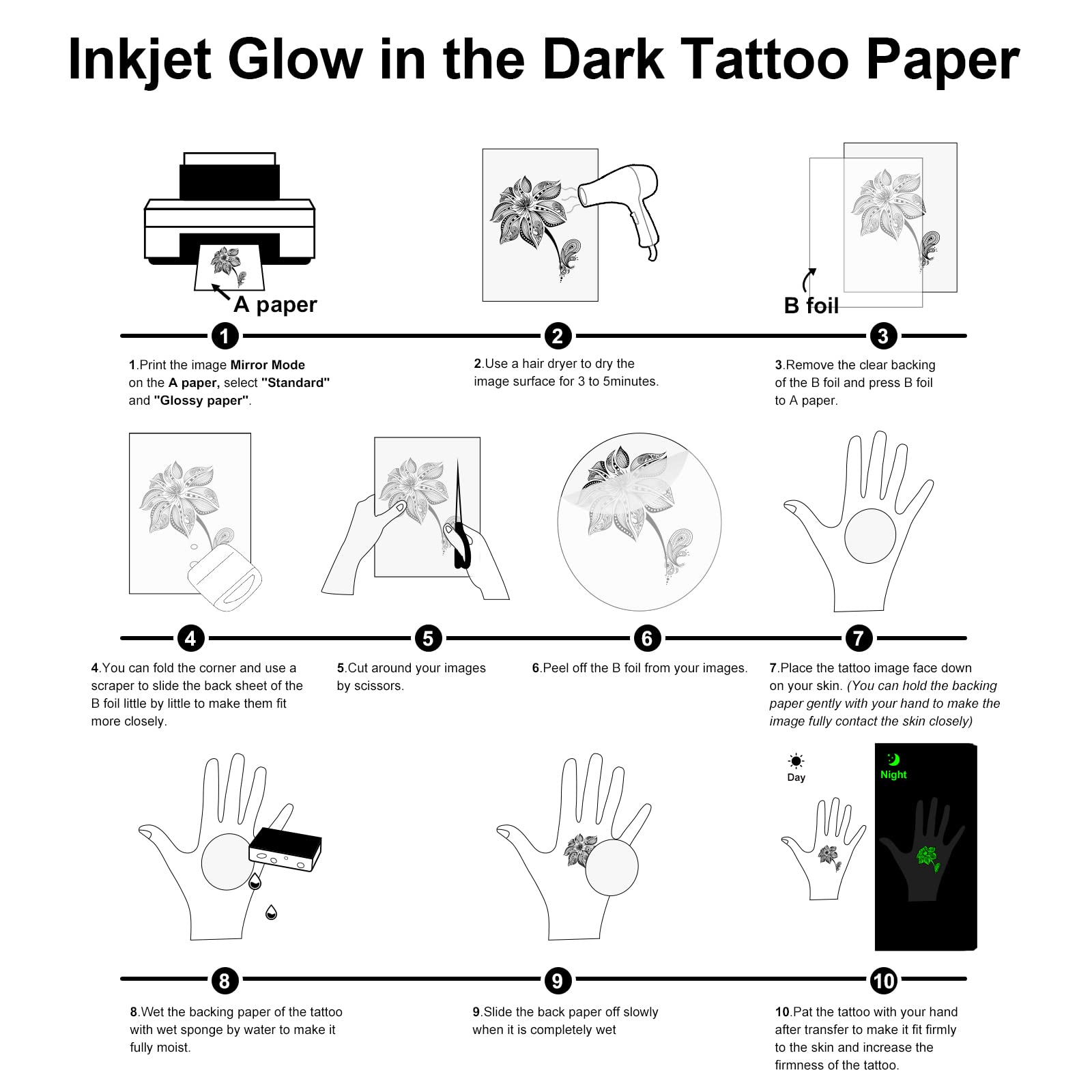 MECOLOUR Printable Temporary Tattoo Paper Luminous 8.5"X11" 5 Sets for Inkjet Printer, Personalized DIY Image Transfer Decal Paper for Skin, For Celebrate Festivals, Parties, Birthday Bashes,New Year