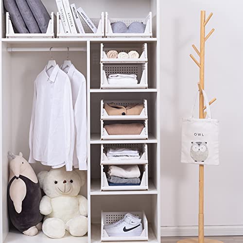 Mupera Stackable Plastic Storage Basket - Upgraded Large White Folding Storage Bins, Plastic Push-pull Clothes Organizer Shelf, Collapsible Storage Organizer for Wardrobe Bathroom Kitchen (4 Pack)