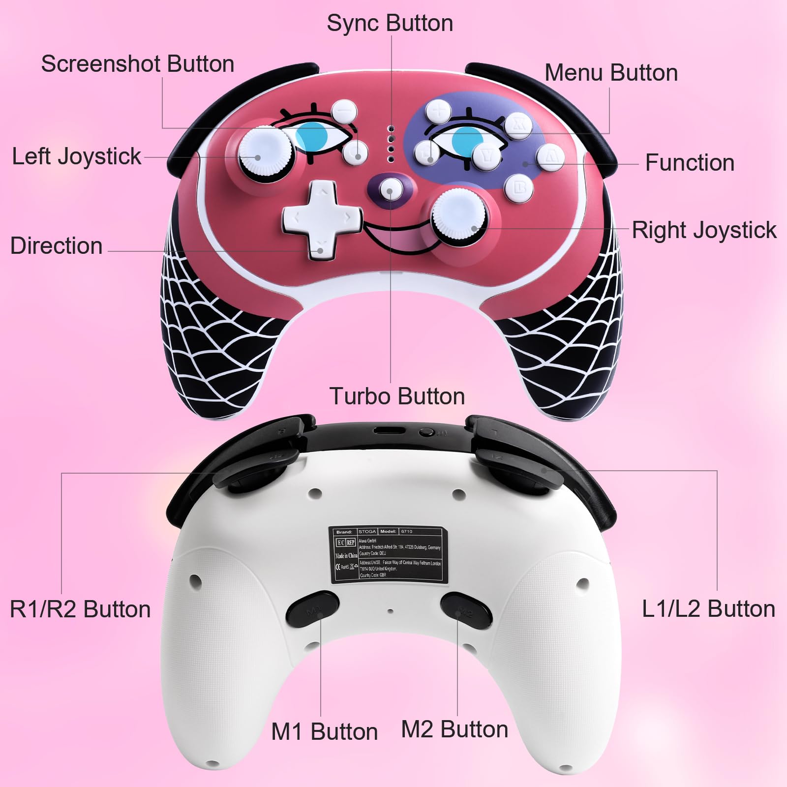 KINGEAR Wireless Switch Controller, Cute Dog Switch Pro Controller for Switch/Lite/OLED, Gaming Controller Gamepad with Wake-up,Dual Vibration,Gyro Axis,Turbo & Programmable Function,2 DIY Magnetic Replacement Cover(Purple+Pink)