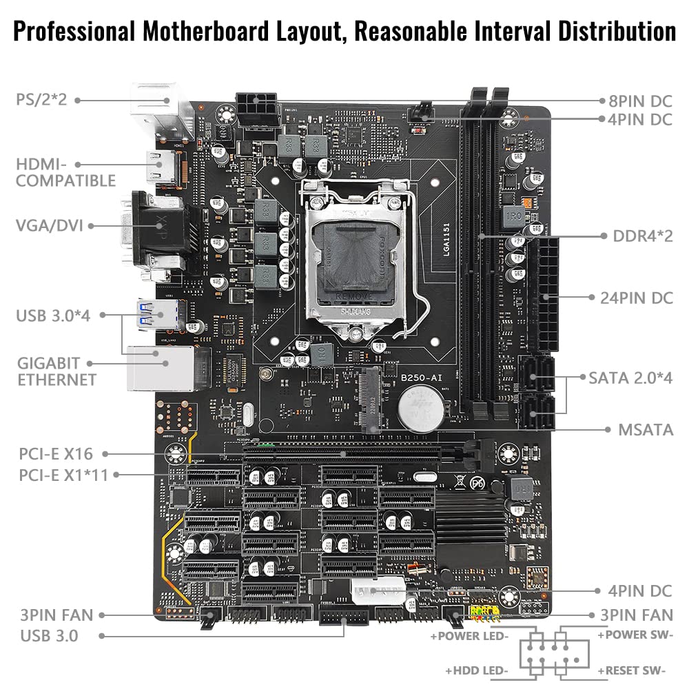 MACHINIST B250 BTC Mining Motherboard, Intel LGA 1151 Computer Motherboard with 12 GPU Slots (Intel 6th/7th Gen, PCIe 3.0, mSATA, VGA+DVI, DDR4, USB 3.0) for BTC/ETH/ZEC Intel Skylake Full Series AII