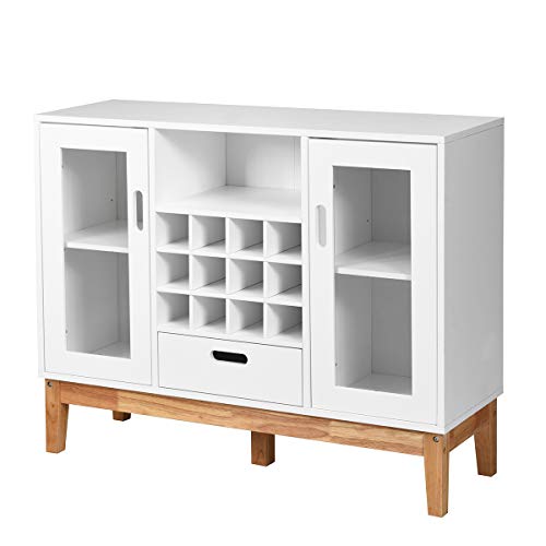 PETSITE White Sideboard Buffet Storage Cabinet with Removable Wine Rack, Glass Doors, Open Shelf & Drawer, Wood Accent Console Table for Living Room, Entryway
