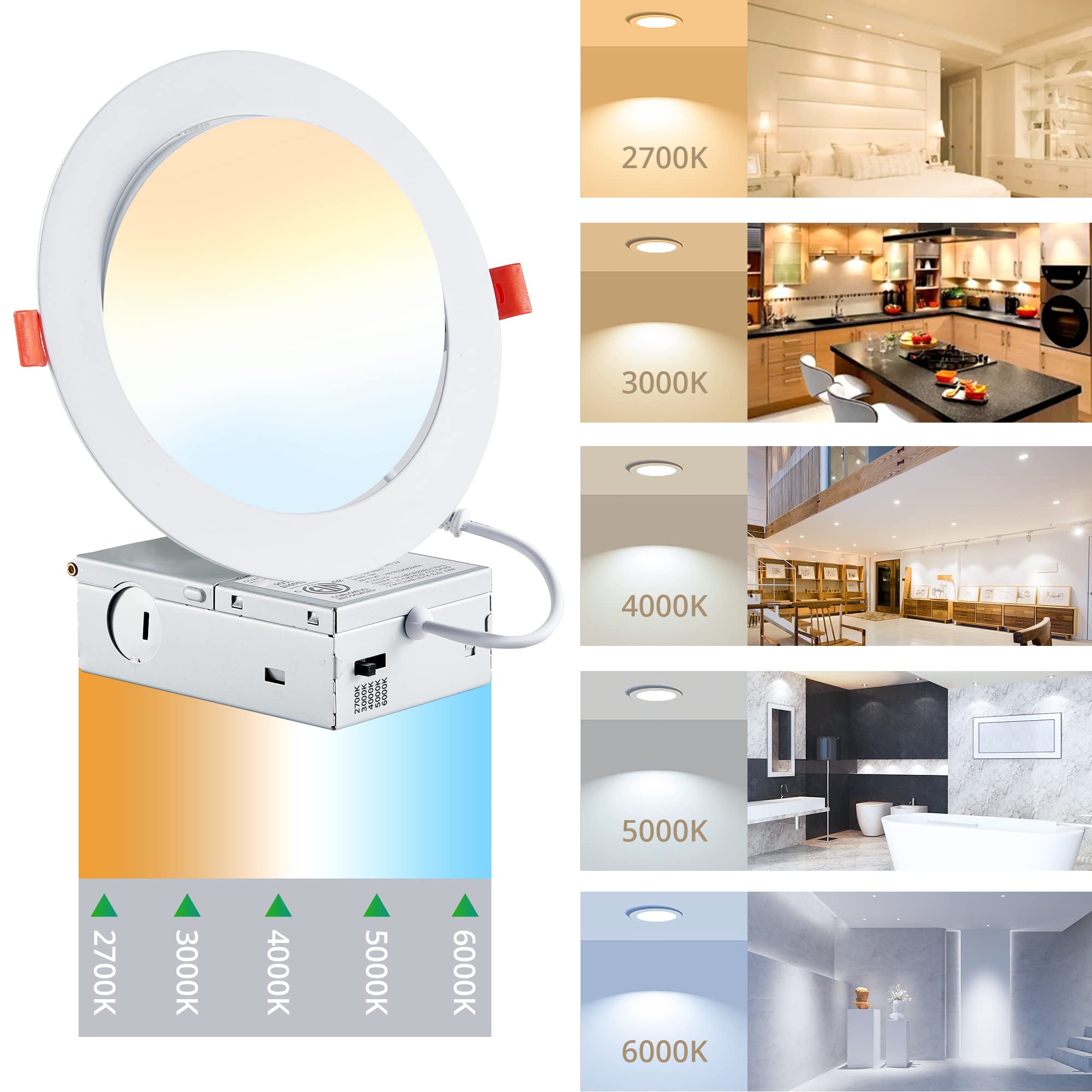 LEDIARY 6 Pack Gimbal LED Recessed Lighting 6 Inch, 5CCT Adjustable Recessed Light Slim Selectable 2700K-6000K,1100LM Can Lights with Jbox,Canless Down Light Ceiling Light with IC Rated ETL Listed