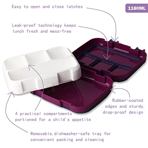 Leak-Proof Bento-Style Lunch Box for Kids, Removable Divider for 4 Compartments - Perfect for Ages 5 to 9, Microwave/Dishwasher Safe, BPA-Free & Sustainable (purplish red)