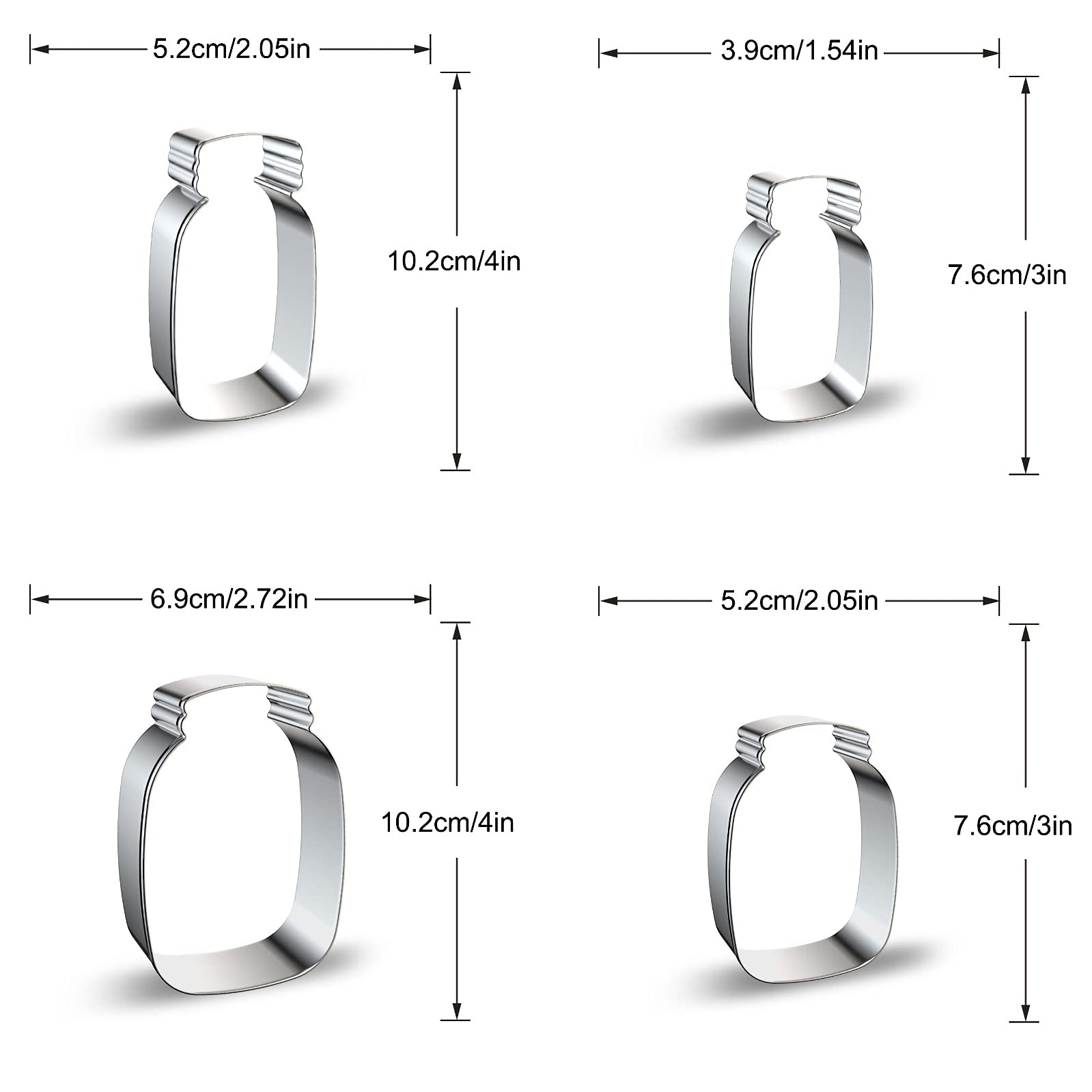 Mason Jar Cookie Cutter Shapes Baking Set - 3 Inch & 4 Inch - 4 Pieces Milk Bottle Honey Jar Pot Shaped Biscuit Stainless Steel Metal Molds Cutters for Kitchen Baking Halloween Christmas Cookie Cutter