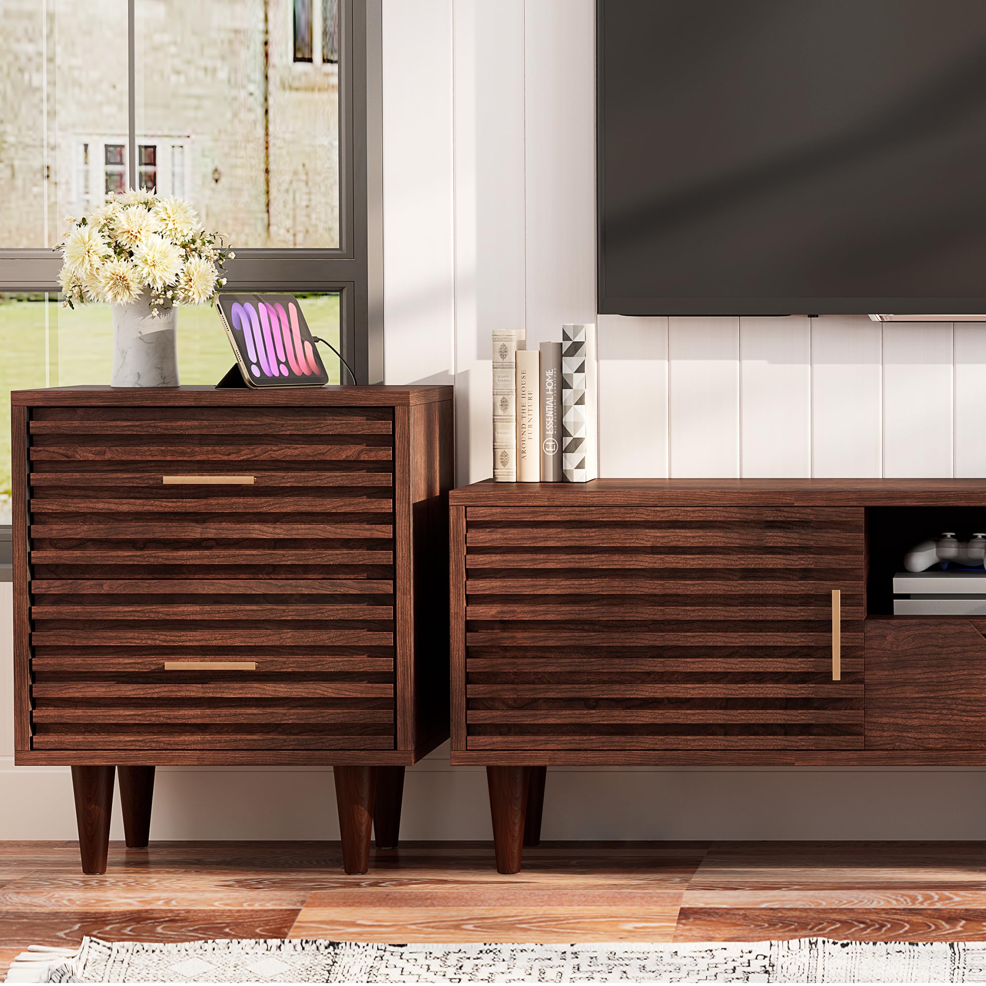 Night Stand with Charging Station Set of 2, Side Table with 2 Drawers, Mid Century Modern End Table with Storage, Bedside Table with USB Ports and Outlets, Nightstand for Bedroom, Brown 2PCS