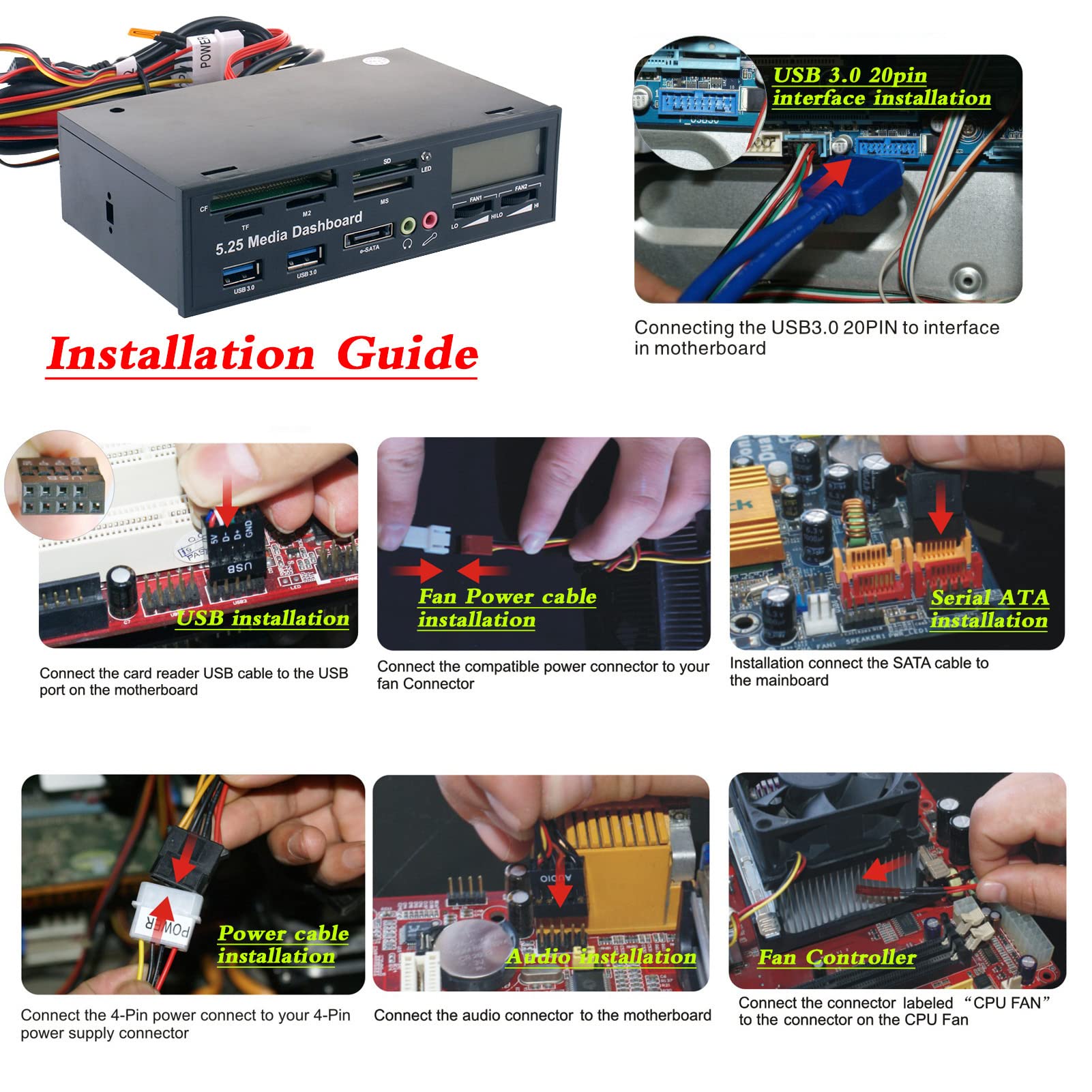 Media Dashboard USB3.0 Front Panel Hub, Esata Interface, 5Gbps, LCD Display Real Time Control, PCI e Interface 12V/5V Output, Optical Driver 5.25In