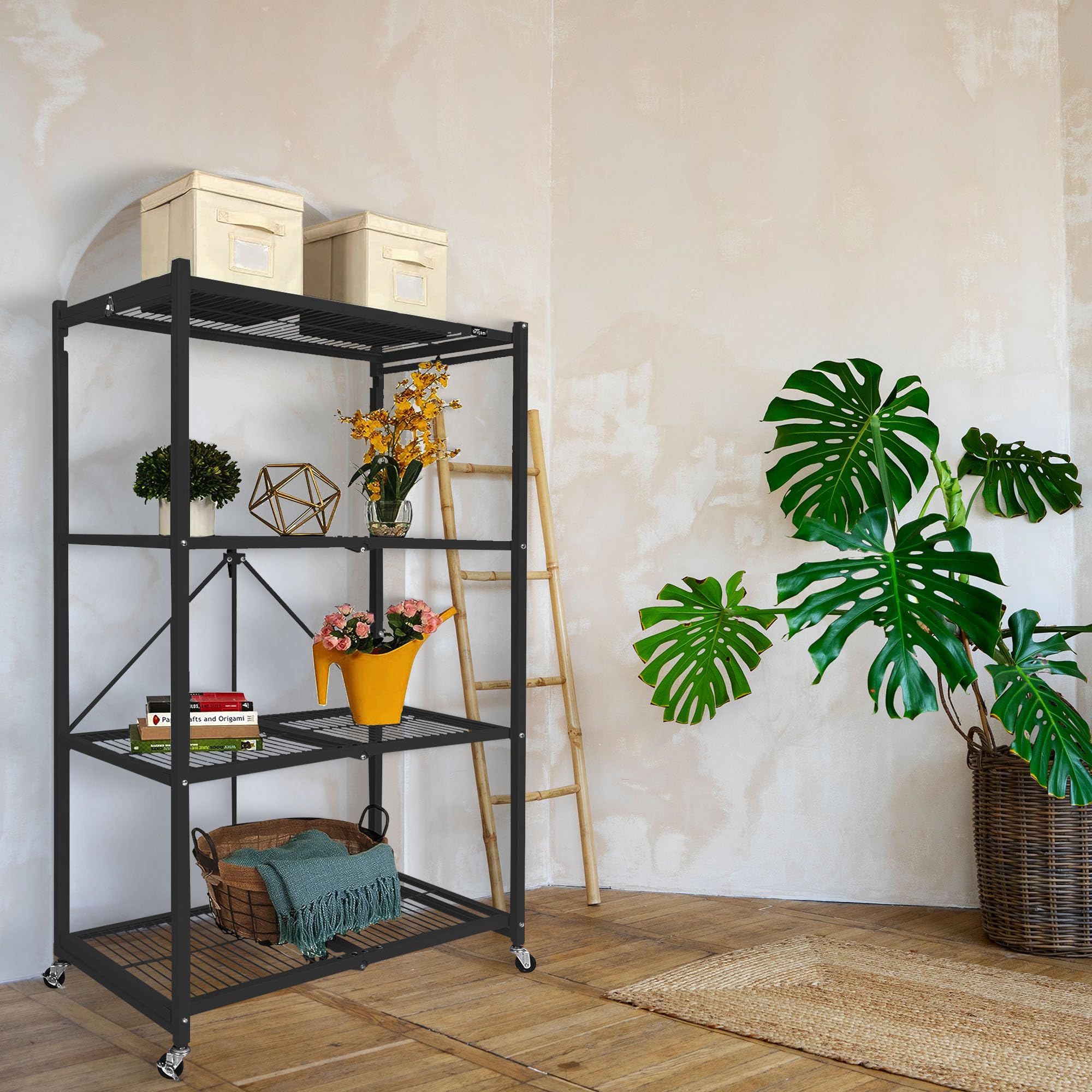 Origami R5 4 Tier Foldable Heavy Duty Metal Storage Rack with Wheels Holds Up to 1,000 Pounds for Kitchen, Garage, or Garden Storage, Black, Renewed