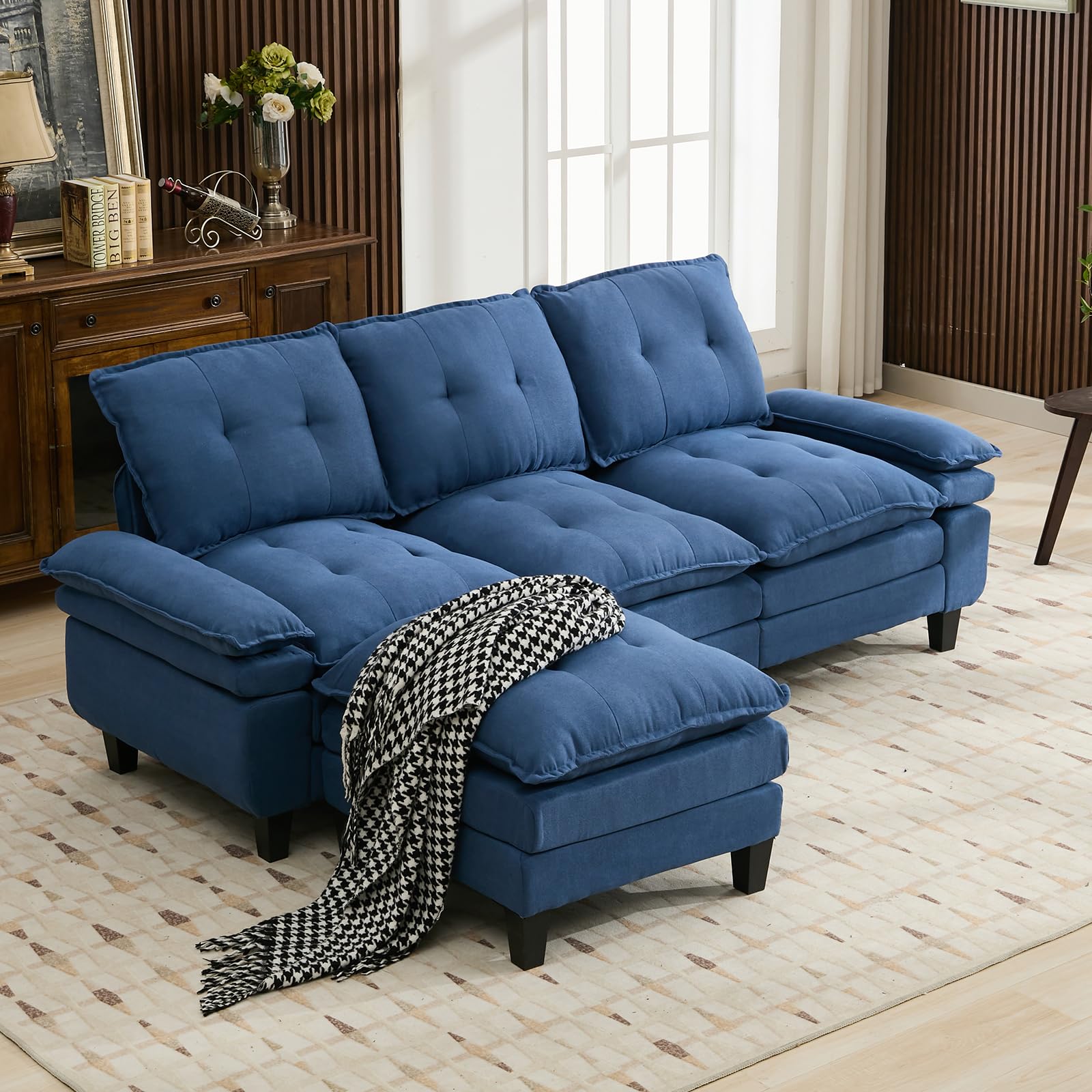 Modern Sectional Cloud Couch Deep 3-Seat, L Shape Sofa Couch with Moveable Ottoman, Adjustable Wide Arm, Comfy Upholstered Sleeper Sofa for Living Room and Small Apartments, Office
