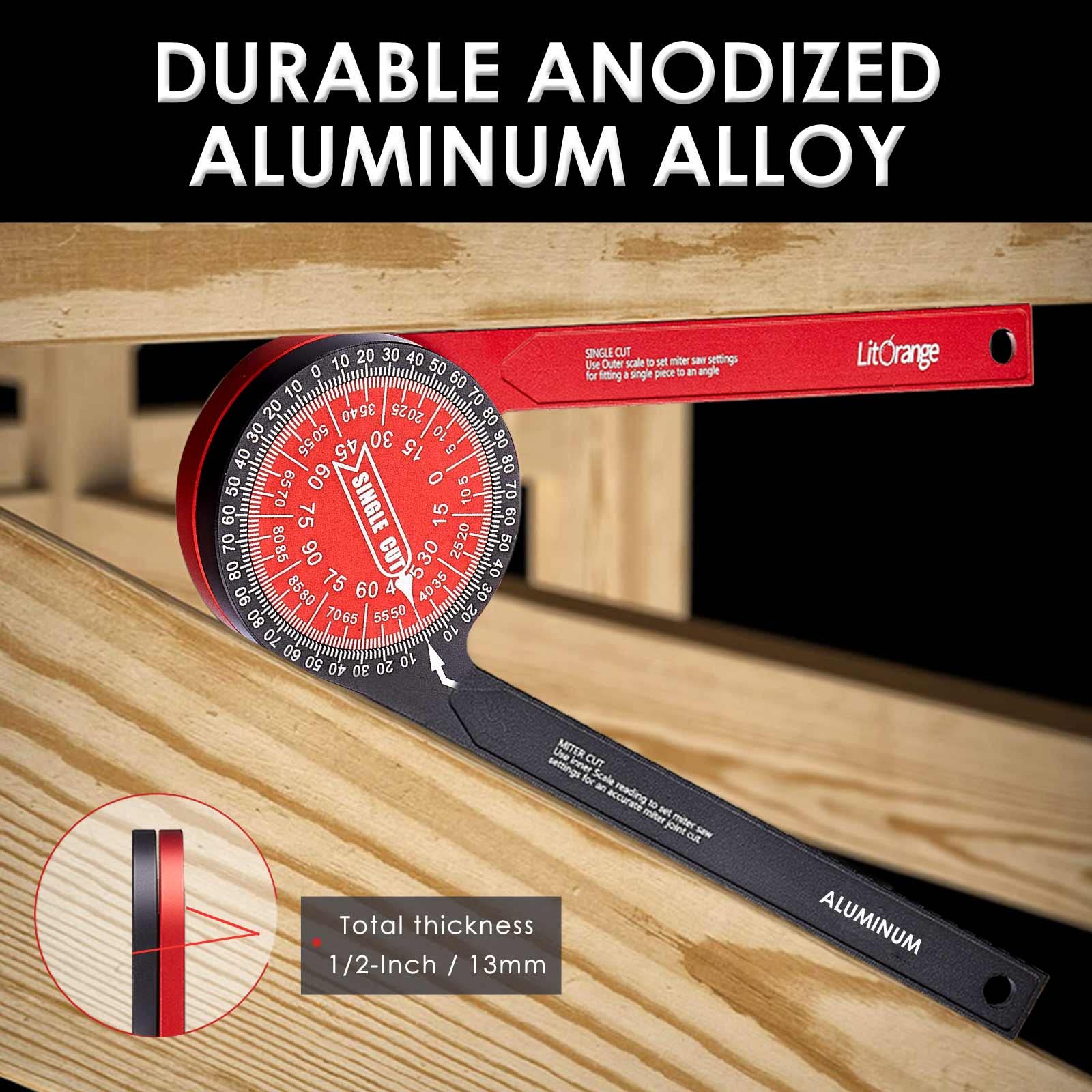 Litorange Aluminum Miter Saw Protractor Plus | 8.7-Inch Angle Finder Featuring Precision Laser Engraved Scales for Inside Outside Corner, Carpenters, Plumbers and All Building Trades, Two-color Design