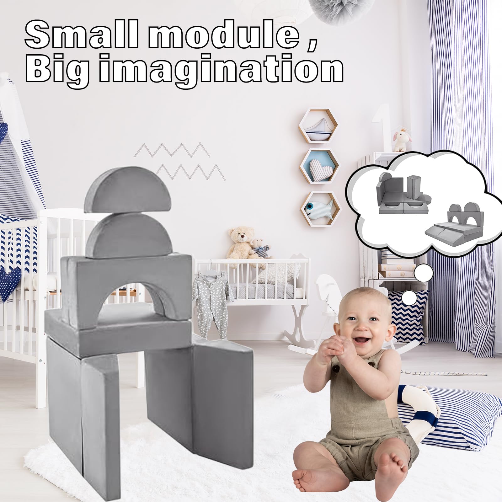 Modular Kids Play Couch for Playroom,10 in 1 Multifunctional Kids Foam Couch,Toddler Couch Building Fort,Child Sectional Sofa,Kids Sofa Couch for Toddler and Baby Playing,Boost Creativity,Gray