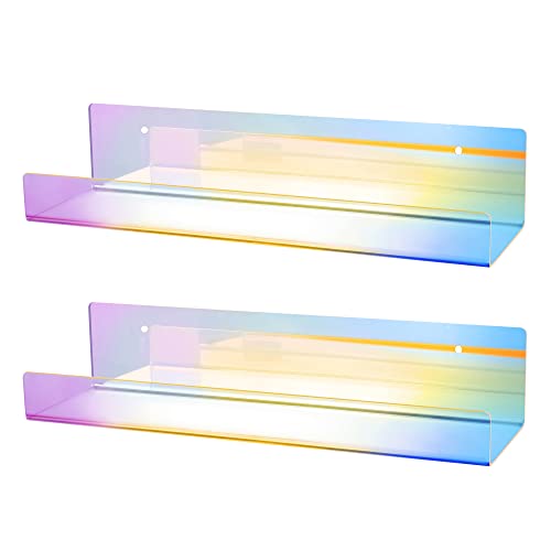 NatldGs 2 Pcs Iridescent Acrylic Floating Shelves, 15.7Inch Rainbow Acrylic Shelves/Bookshelf for Bedroom, Bathroom or Living Room Decor (Wall Mounted)…