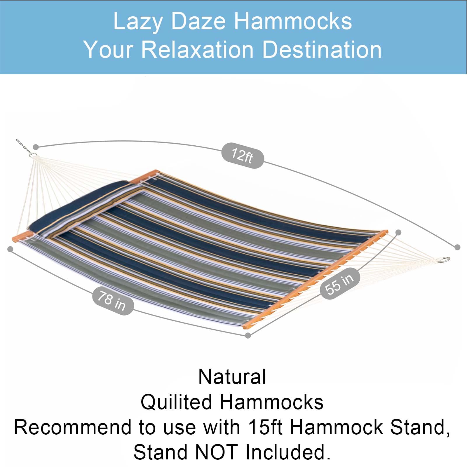 Lazy Daze Hammocks 12 FT Quilted Fabric Hammock with Spreader Bar, 2-Person Double Hammock with Chains and Pillow, Outdoor Hammock for Outside Patio Poolside Backyard Beach, 450 lbs Capacity, Froest