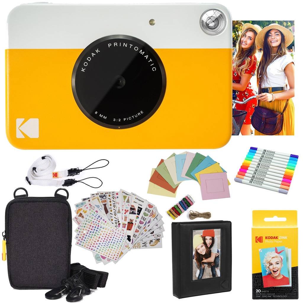 Kodak Printomatic Instant Camera (Yellow) Gift Bundle + Zink Paper (20 Sheets) + Deluxe Case + 7 Fun Sticker Sets + Twin Tip Markers + Photo Album.