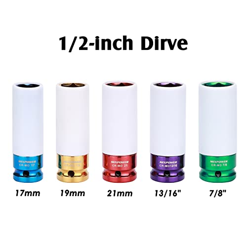 MIXPOWER 5 Pieces 1/2" Drive Wheel Protector Impact Socket Set, CR-MO, Metric/SAE, Thin Wall Deep Impact Socket Set, 6 Point, Color-Coded, 17mm, 19mm, 21mm, 13/16", 7/8"