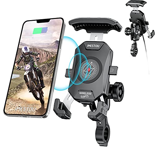iMESTOU Anti-Theft Motorcycle Wireless Phone Mount Charger 15W & USB C 3A Handlebar 1" Ball Stem Phone Holder Works with 12V/24V Vehicle/USB Socket 720 Rotation Quick Charge for 4.0-7.0" Cellphones