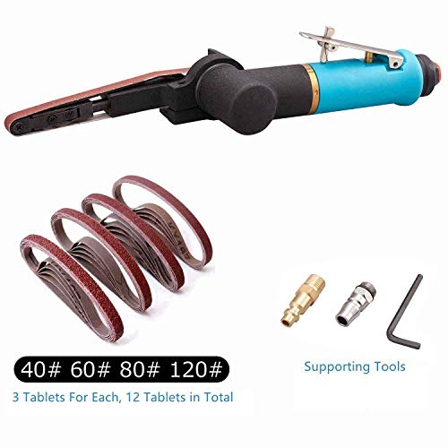 Minimprover Pneumatic Tool Air Belt Sander,1/4" Air Inlet,Air Belt Sander (3/8" x 13") with 12pc Belts (#40,#60,80#,120#),3/8" Air Belt Grinder For Aluminium, Iron, Steel And Etc. Metal Polishing